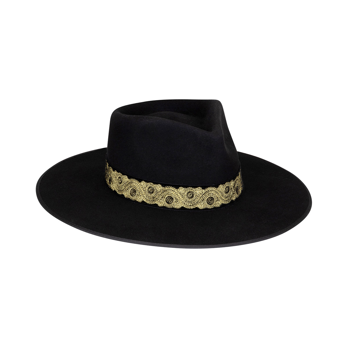 Noir Rancher - Wool Felt Fedora Hat (Black, Gold Ribbon) | Lack of ...